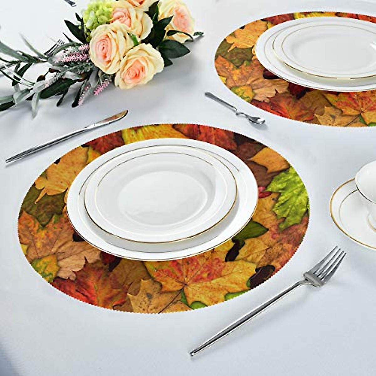 Autumn Leaves Round Placemats Set of 4 Table Placemats Fall Maple Leaf Sunflower Pumpkin Place Mats Tablemats 15 inch for Kitchen Dining Table Dinner Kids Holiday Party