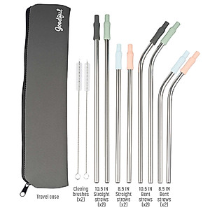 Goodful 8 Piece Variety Pack Reusable Travel Stainless Steel Straw Set, Travel Case, Cleaning Brushes, Removeable Silicone Tips, Multi Color