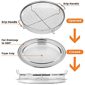 Air Fryer Basket for Oven,2 Pieces Set Round Silver 12'' Non-stick Stainless Steel Mesh Air Fryer Baking Tray Accessories Rack Roasting Grill Basket for Convection Oven Air Fryer, Dishwasher Safe