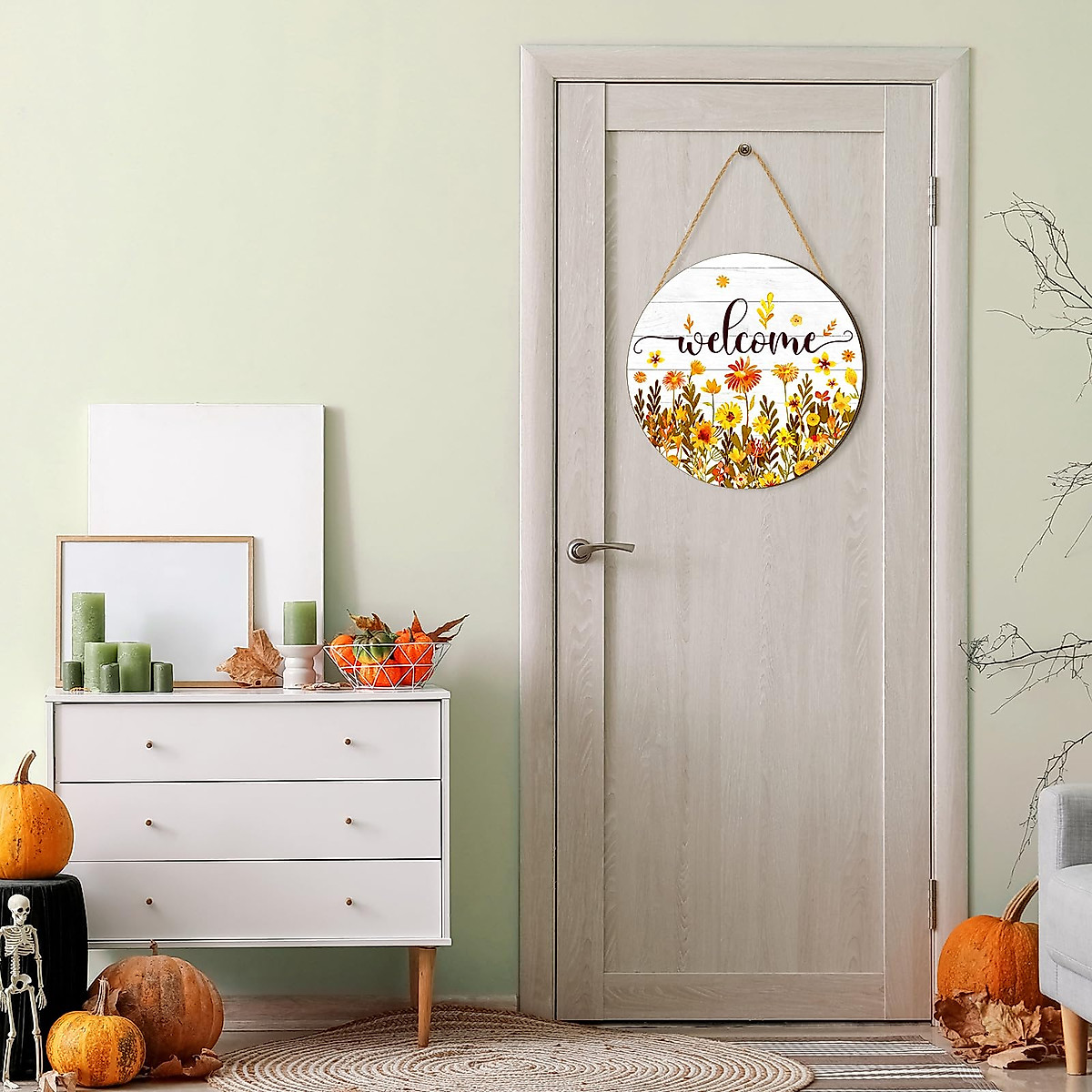 Thanksgiving Floral Door Sign Decor Hello Fall Front Door Sign Thanksgiving Floral Welcome Hanging Plaque Rustic Autumn Round Hanging Sign for Outdoor Porch Home Decoration