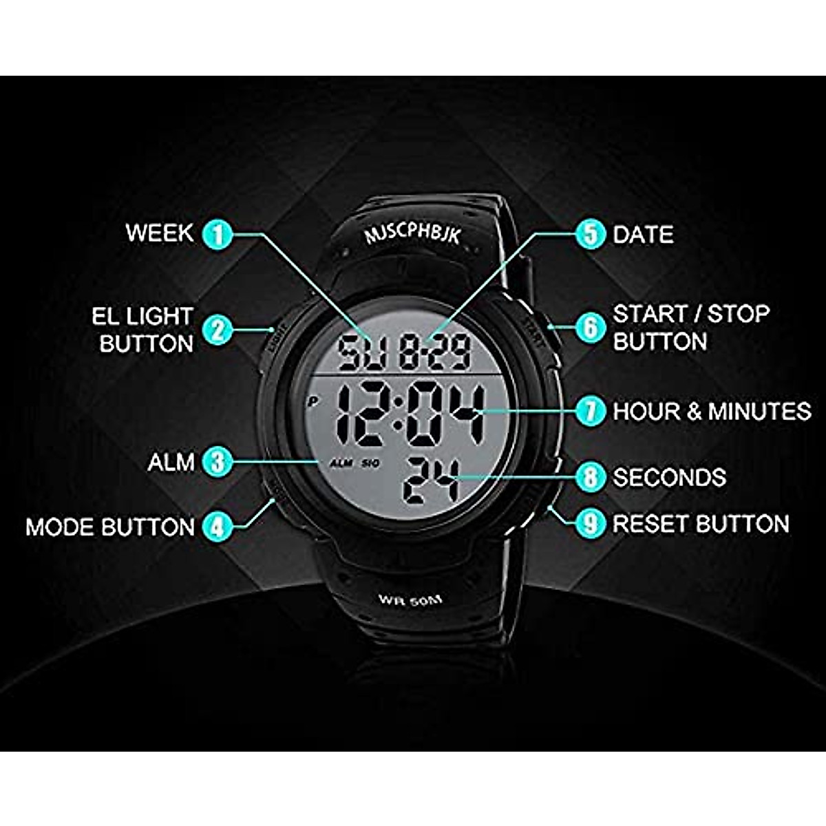 MJSCPHBJK Mens Digital Watch, Sports Military Watches Waterproof Outdoor Chronograph Watch for Men with LED Back Ligh/Alarm/Date