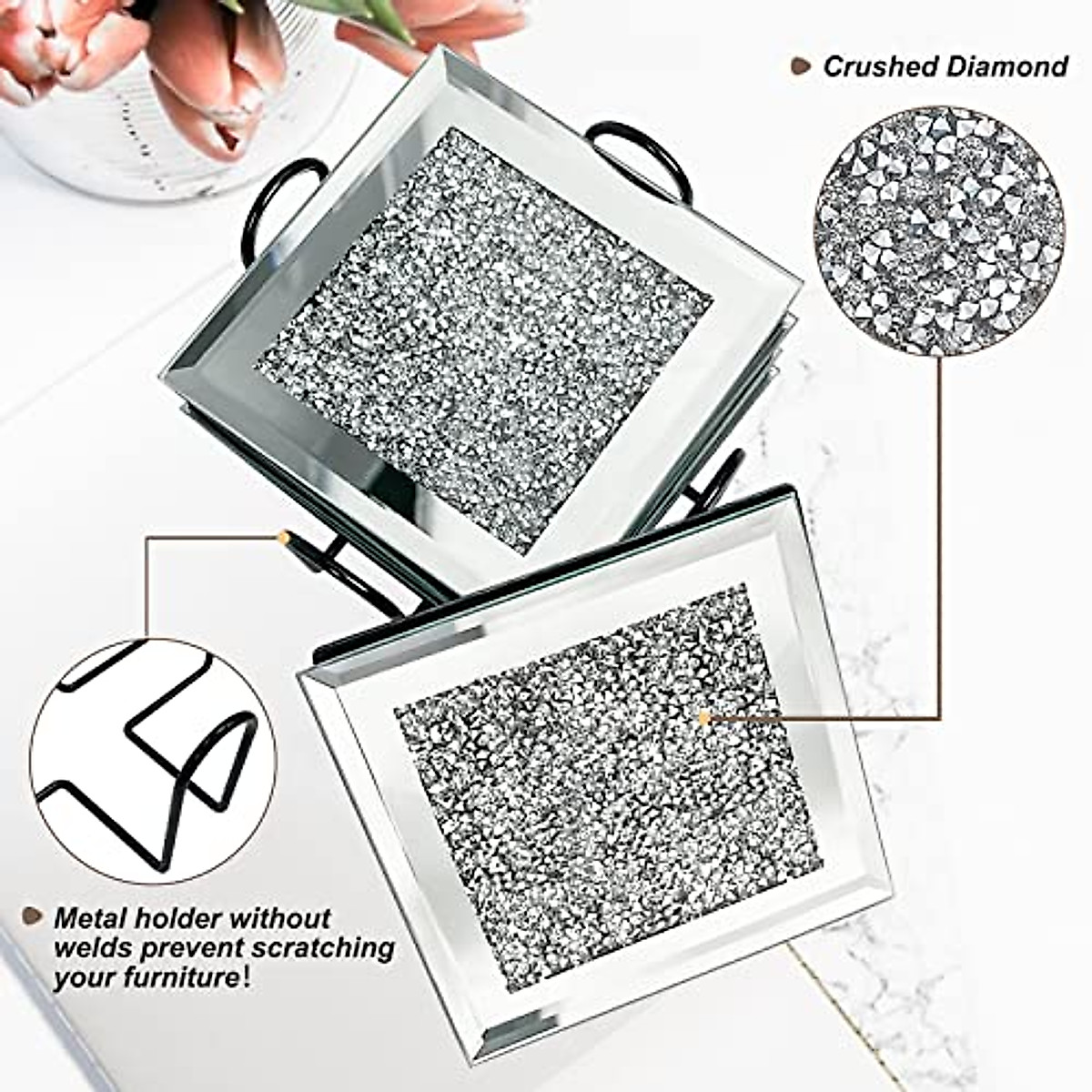 6 Sets Glass Mirrored Drink Coasters with Holder, DILIBRA Modern Bling Bling Crystal Cup Coasters for Dirnk, 4x4 Inches Crushed Diamond Glass Plates - Avoid Furniture Being Scratched and Soiled