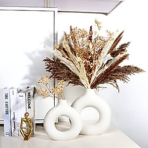 White Ceramic Vase, Modern Vase for Minimalist Decor, Hollow Round Matte Pampas Flower Vases for Boho Home Wedding Party Room Dinner Table Shelf Decor (2pcs)