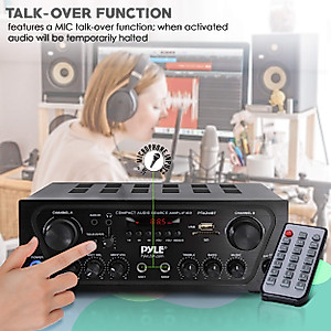 Pyle -Upgraded- 2 Channel Karaoke Home Audio Amplifier w/Bluetooth for Streaming, AUX-in, USB, 2 Microphone Input w/Echo Effect, Talkover for PA, Compact Footprint, Black
