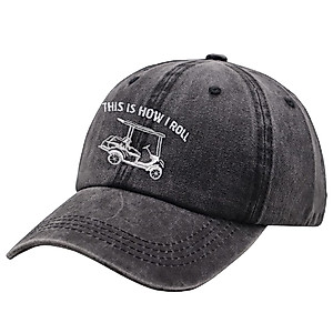 Kamaple This is How I Roll Golf Cart Hat, Funny Golfers Adjustable Cotton Denim Baseball Cap for Men & Women (Embroidered Black, One Size)