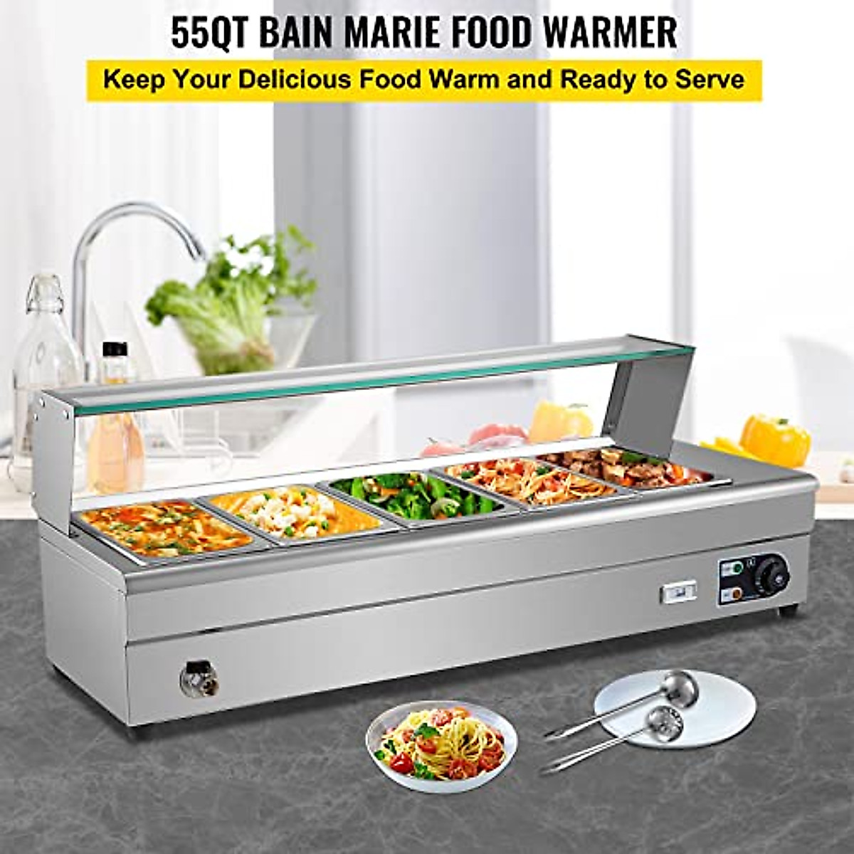 VEVOR Commercial Food Warmer, 5 x 1/2 Pans, 44 Qt Electric Bain Marie with 6" Deep Pans, Stainless Steel Steam Table with Tempered Glass Shield, 1500W Countertop Buffet Warmer with Lids & Ladles, 110V