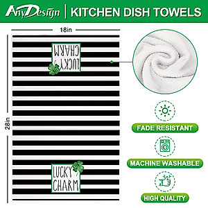 AnyDesign St. Patrick's Day Kitchen Towel Lucky Shamrock Clover Dish Towel White Black Stripes Dots Hand Drying Tea Towel for Cooking Baking Cleaning Wipes, 18 x 28 Inch, Set of 2