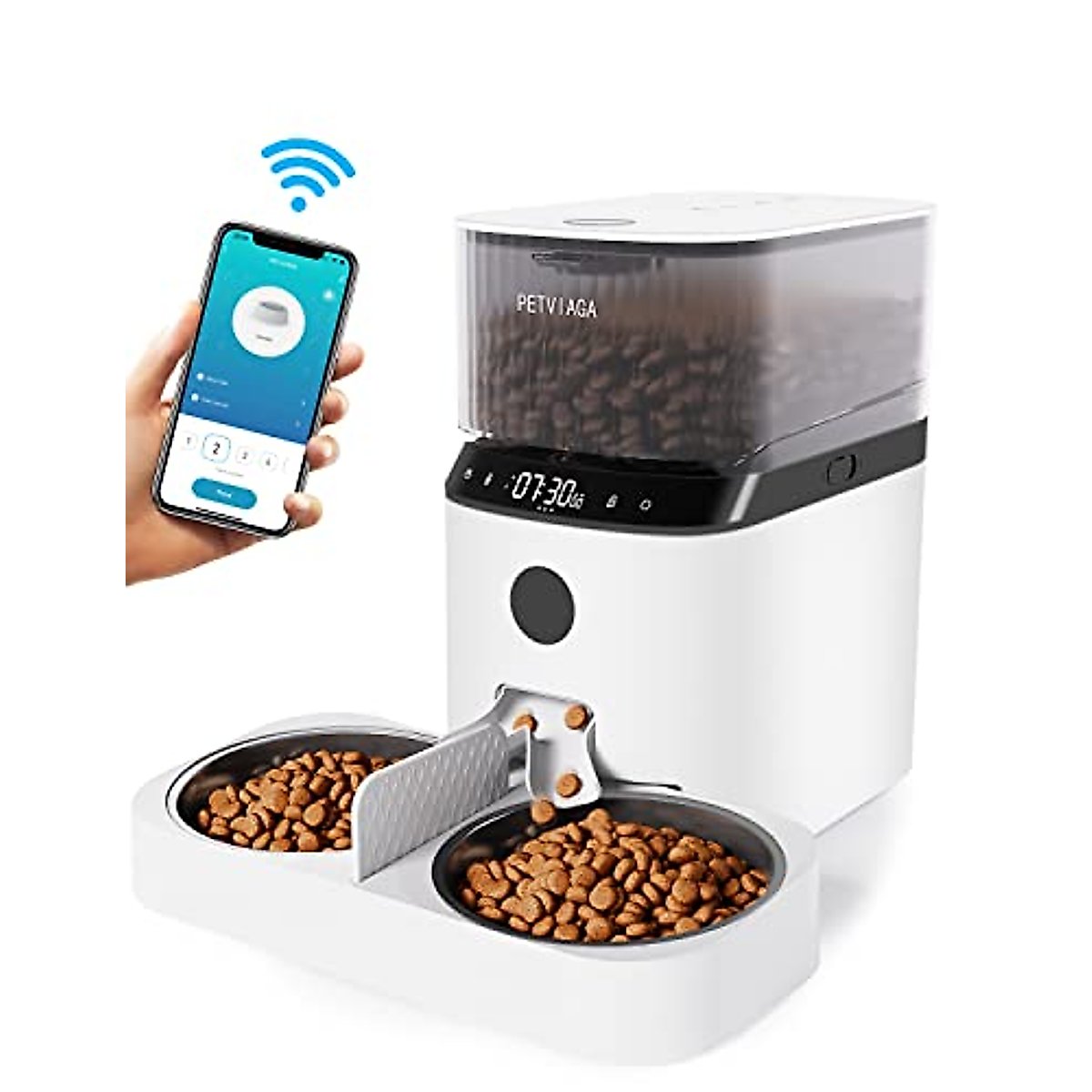 PETVIAGA Automatic Cat Feeders for 2 Cats, WiFi Cat Feeder with Lock Lid, 2-Way Splitter & Dual Bowls, Auto Pet Feeder for 2 Dogs with APP Control 1-6 Mealtimes, 20 Portions Control & Remote Feeding