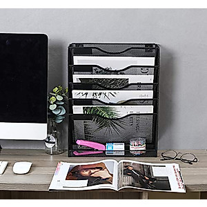 EasyPAG Mesh Wall Hanging File Organizer Holder 5 Tier Vertical Pocket Magzine Rack with Tray | Sides Closed ,Black