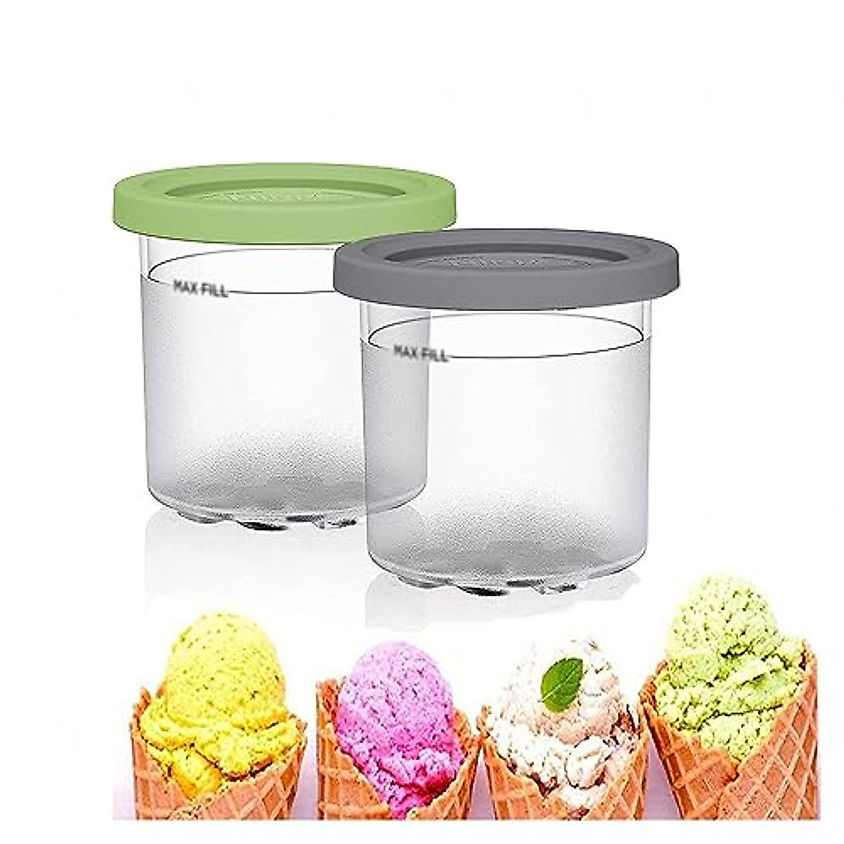 EVANEM 2/4/6PCS Creami Containers, for Ninja Creami Pints and Lids,16 OZ Ice Cream Pints Bpa-Free,Dishwasher Safe for NC301 NC300 NC299AM Series Ice Cream Maker,Gray+Green-2PCS