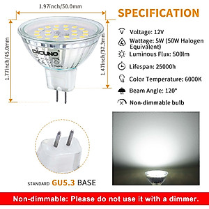 DiCUNO MR16 LED Bulbs 50W Halogen Equivalent Non-Dimmable 12V AC/DC, GU5.3 Bi-Pin Base Daylight White 6000K 5W Glass Cover 120° Beam Angle 500LM for Recessed, Track, Accent Lights, 10 Packs