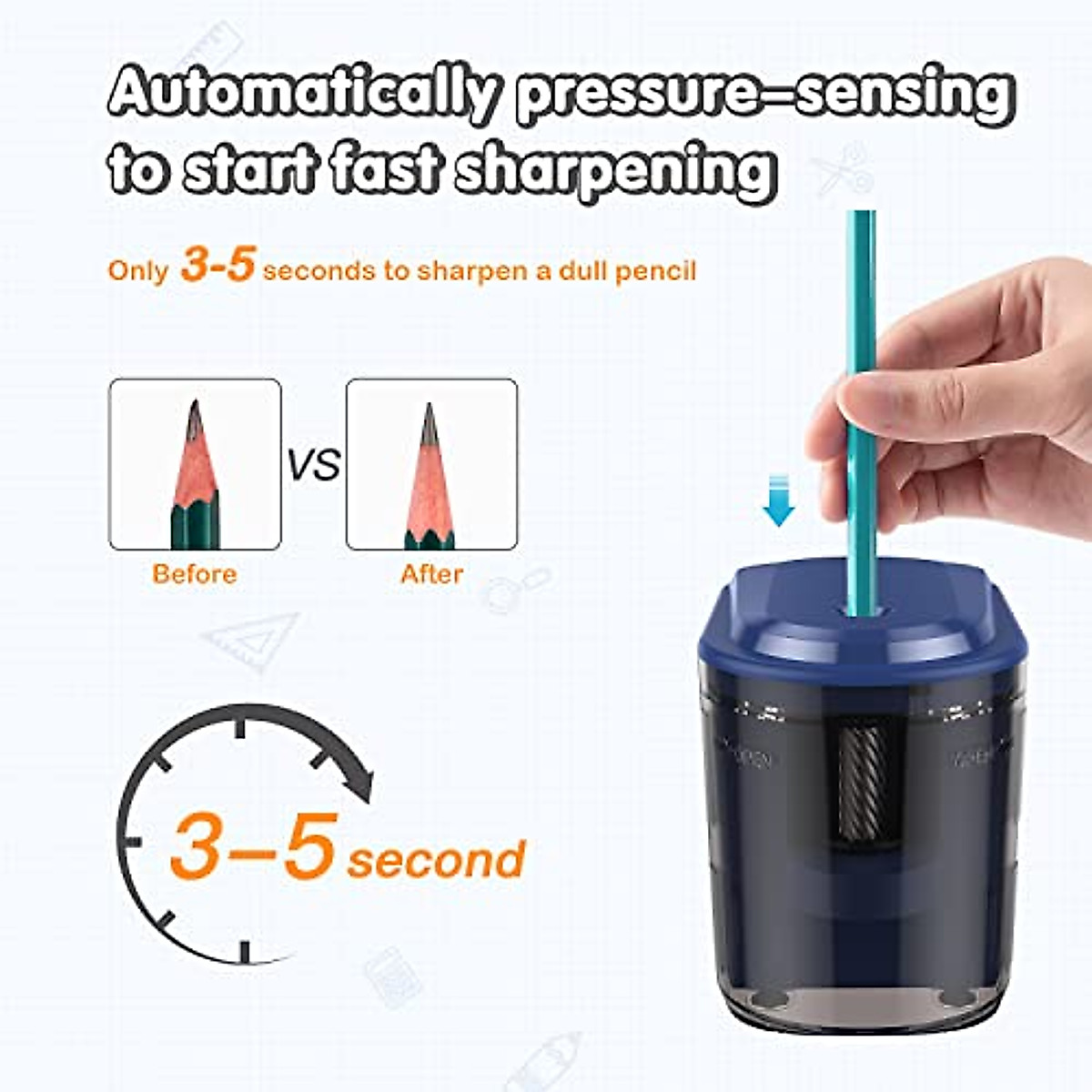 Electric Pencil Sharpener, RIYO Heavy Duty Pencil Sharpener for 6-8mm No.2/Colored Pencils with Adapter/Battery Operated Pencil Sharpener in School/Office/Home(Blue)