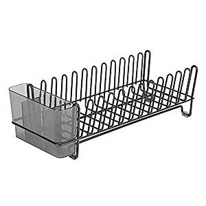 mDesign Steel Compact Modern Dish Drying Rack w/Removable Cutlery Tray, Caddy; Dish Drainer, Dish Rack for Kitchen Counter, Sink; Holds Dishes, Utensil, Board - Concerto Collection - Black/Smoke Gray