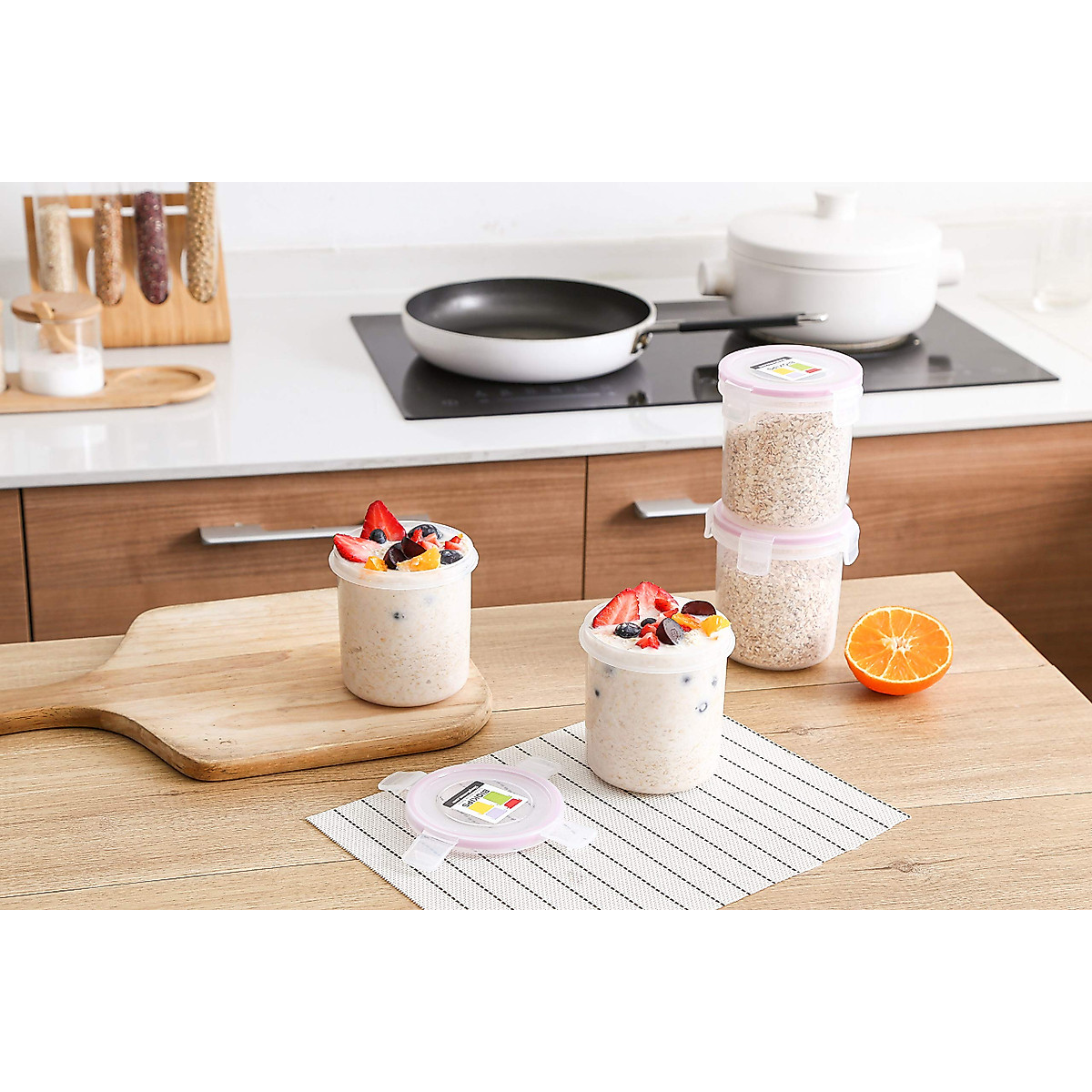 Komax Biokips Overnight Oats Containers with Lids Set of 4 – Round Airtight Food Storage Containers for Oatmeal, Cereal, Milk & More – BPA-Free Meal Prep Container Set w/Locking Lids (18.6 oz)