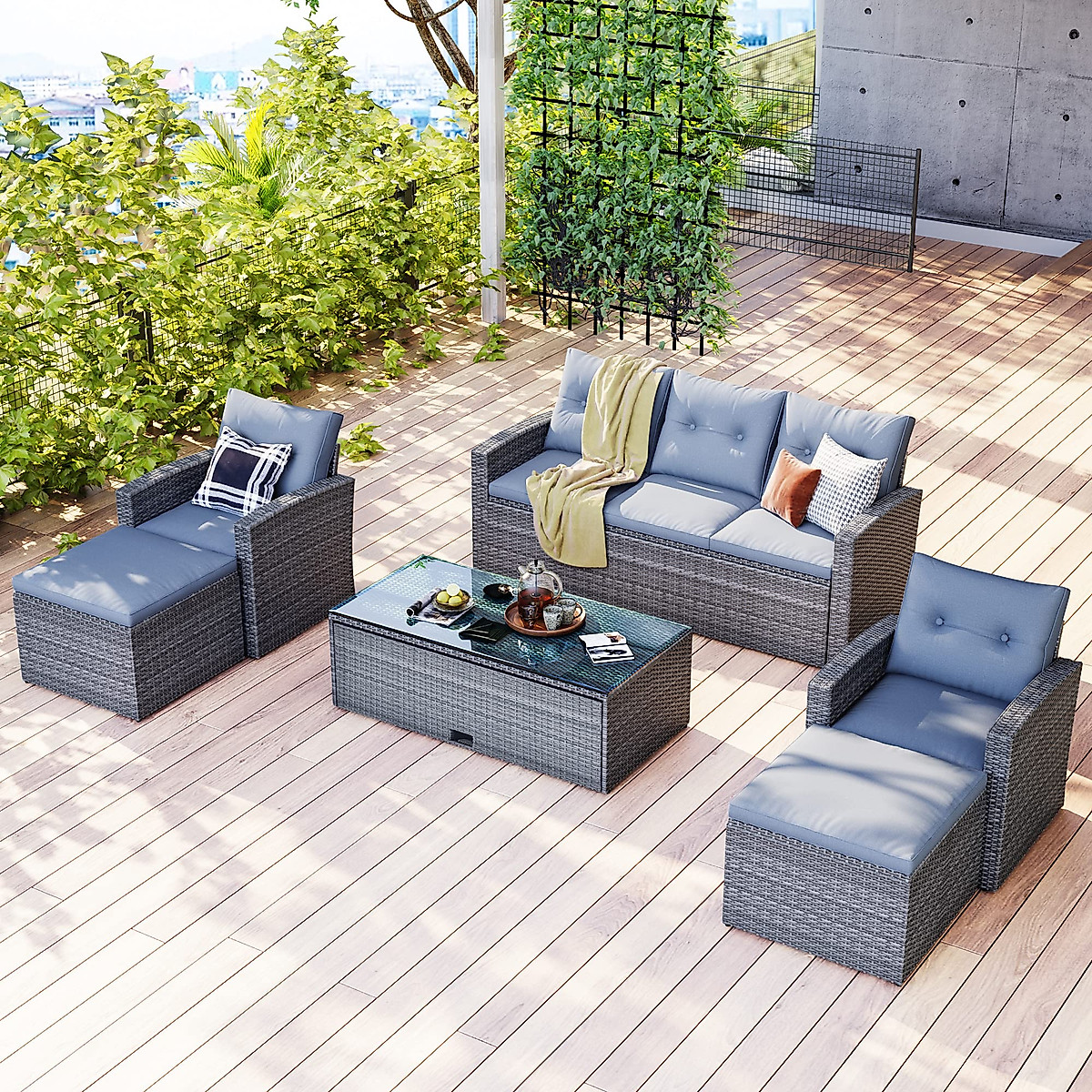 Brabrety 6-Piece All-Weather Wicker PE Rattan Patio Outdoor Dining Conversation Sectional Set with Coffee Table, Wicker Sofas, Removable Cushions for Patio, Deck, Yard, Garden. (Gray#1)