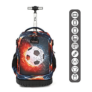 Tilami Rolling Backpack with Trolley Wheeled Design, Cute Cartoon Printed for Boys and Girls, Travel, School, Student Trip (19 Inch, Football)