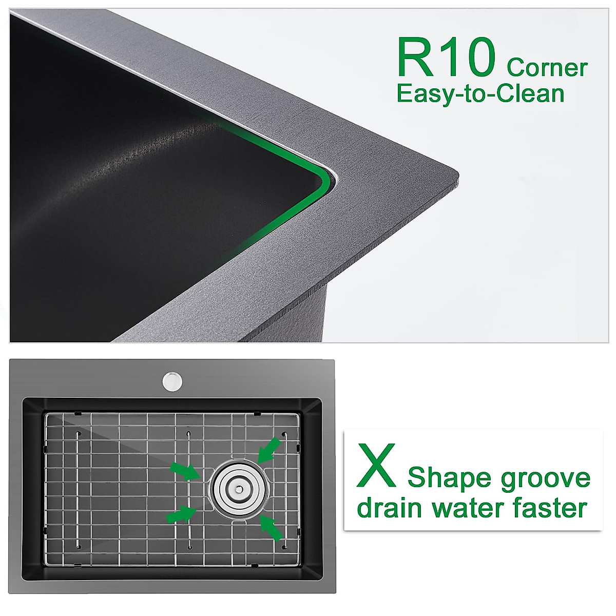 OUGOO Kitchen Sink, 22 x 18 Drop in Sink, 9" Deep Single Bowl Kitchen Sinks, 304 Stainless Steel Topmount Kitchen Sink with Strainer & Bottom Grid, Black