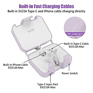ODGUV Small Portable Charger 4000mAh,Cute Power Bank Built in Cable,Mini Fast Charging USB C Phone Charger,Ultra-Compact External Battery Pack for iPhone Samsung Google,Purple