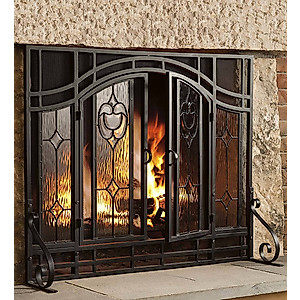 Plow & Hearth Metal Fireplace Screen Glass Floral Black | 44" W x 33" H | 2 - Door | Spark Guard Indoor Grate | Iron Fire Place Cover | Wood Burning Stove Decorative Accessories