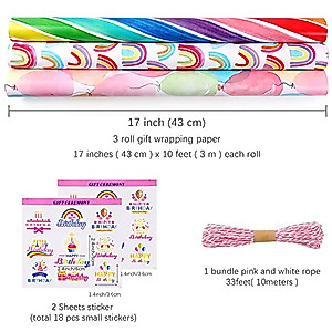 Gift Wrapping Paper Rolls, Pink Colorful Wrapping Paper Rolls Birthday Girls Women, Rainbow Balloon Wrapping Paper Bundle Rolls for Birthday Bridal Baby Shower Wedding, 3 Rolls-17x118inch Per Roll