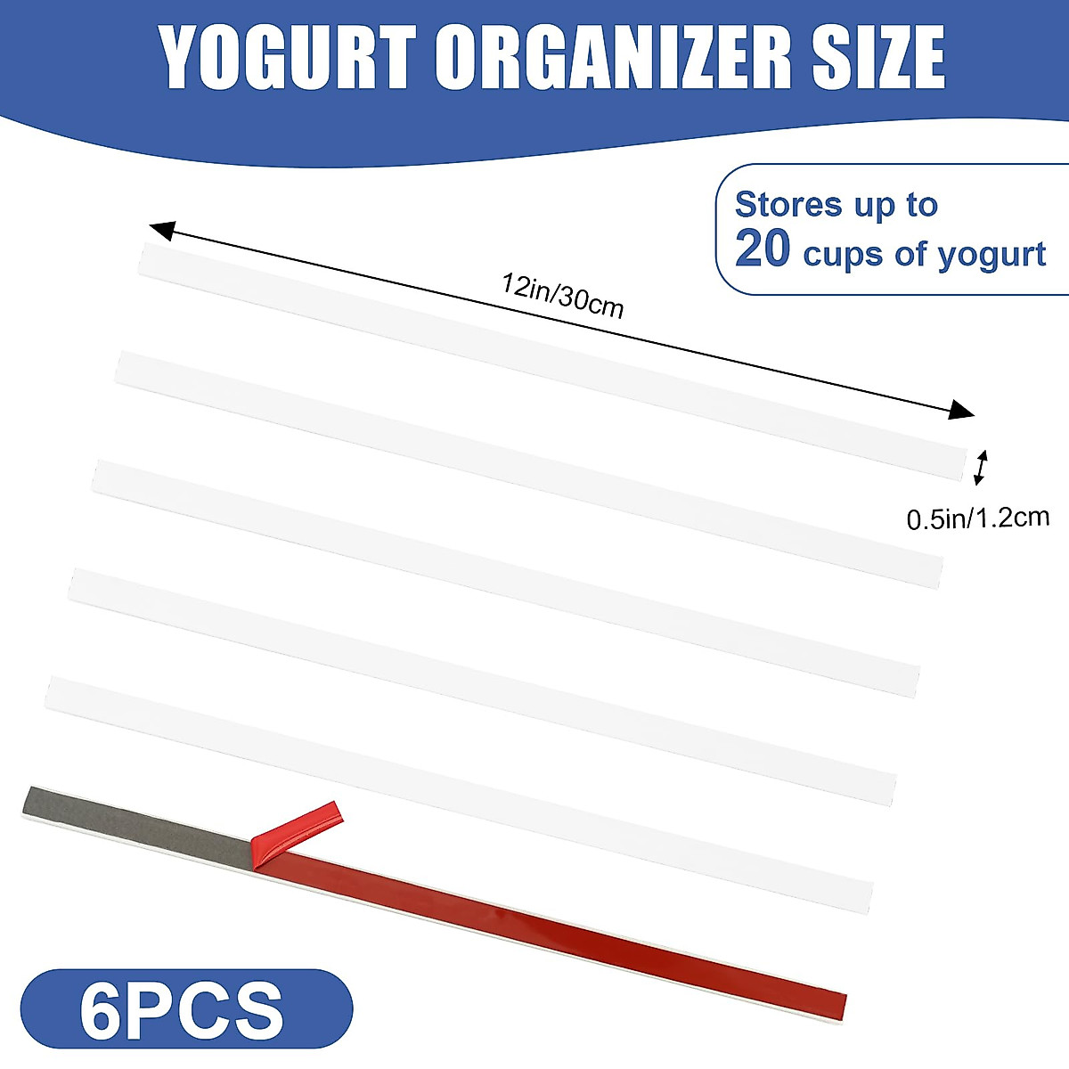 6 Pack Yogurt Organizer for Fridge, 20 Capacity Yogurt Holder for Refrigerator with Adhesive Tapes, 12" Long Fridge Yogurt Organizer Customizable to Fit Multiple Yogurt Sizes, Yogurt Fridge Organizer