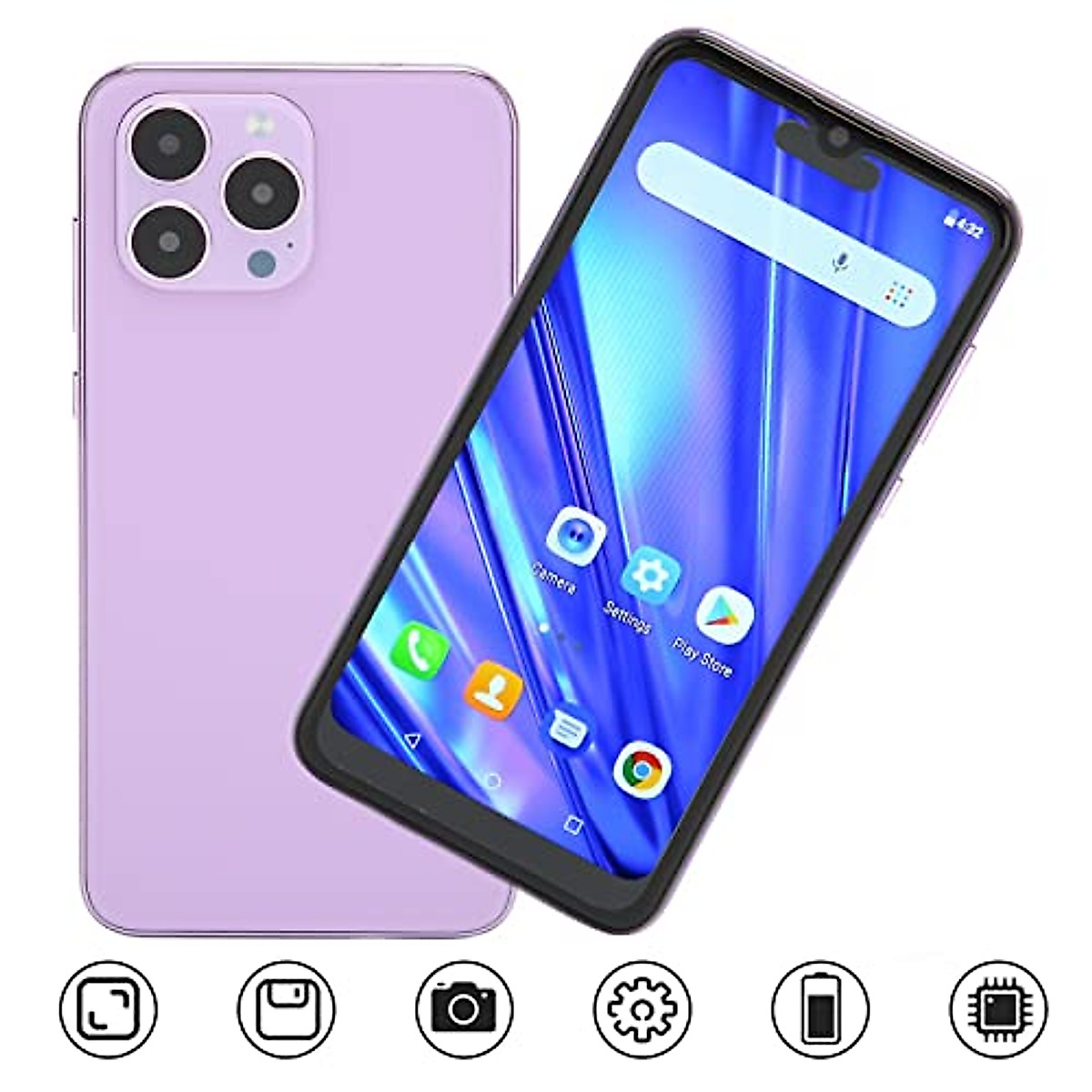 Shanrya 4GB 32GB Phone, IP14 Pro 6.1 Inch Cell Phone Ultra Thin Purple 3 Card Slot Face Recognition for Daily Life (US Plug)