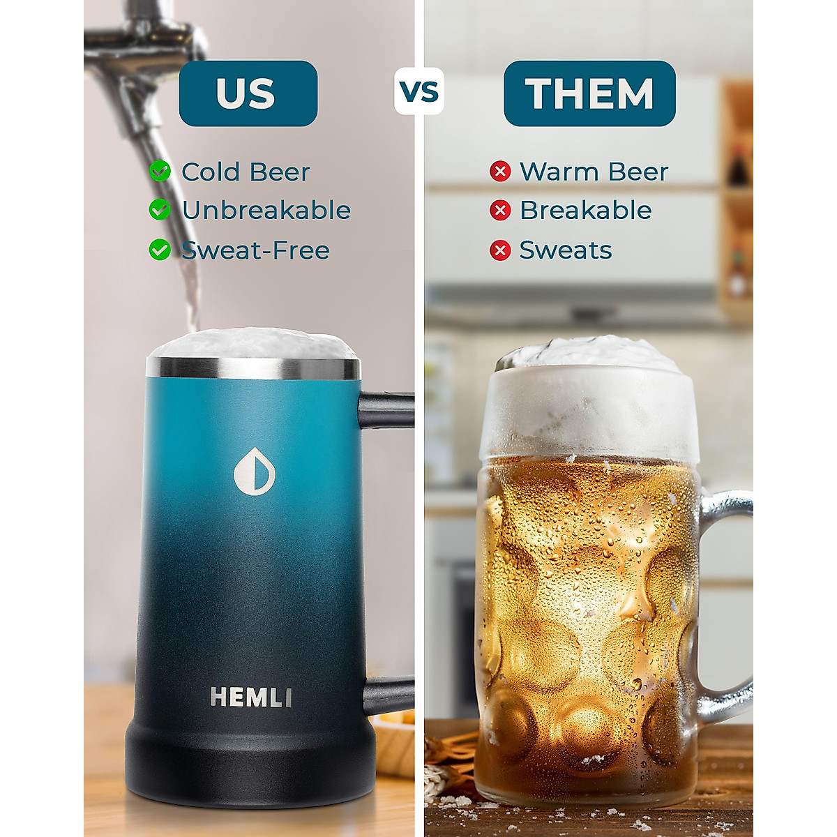 Hemli Insulated Beer Mug Tumbler, Beer Stein Stainless Steel, Vacuum Insulated - 24 oz
