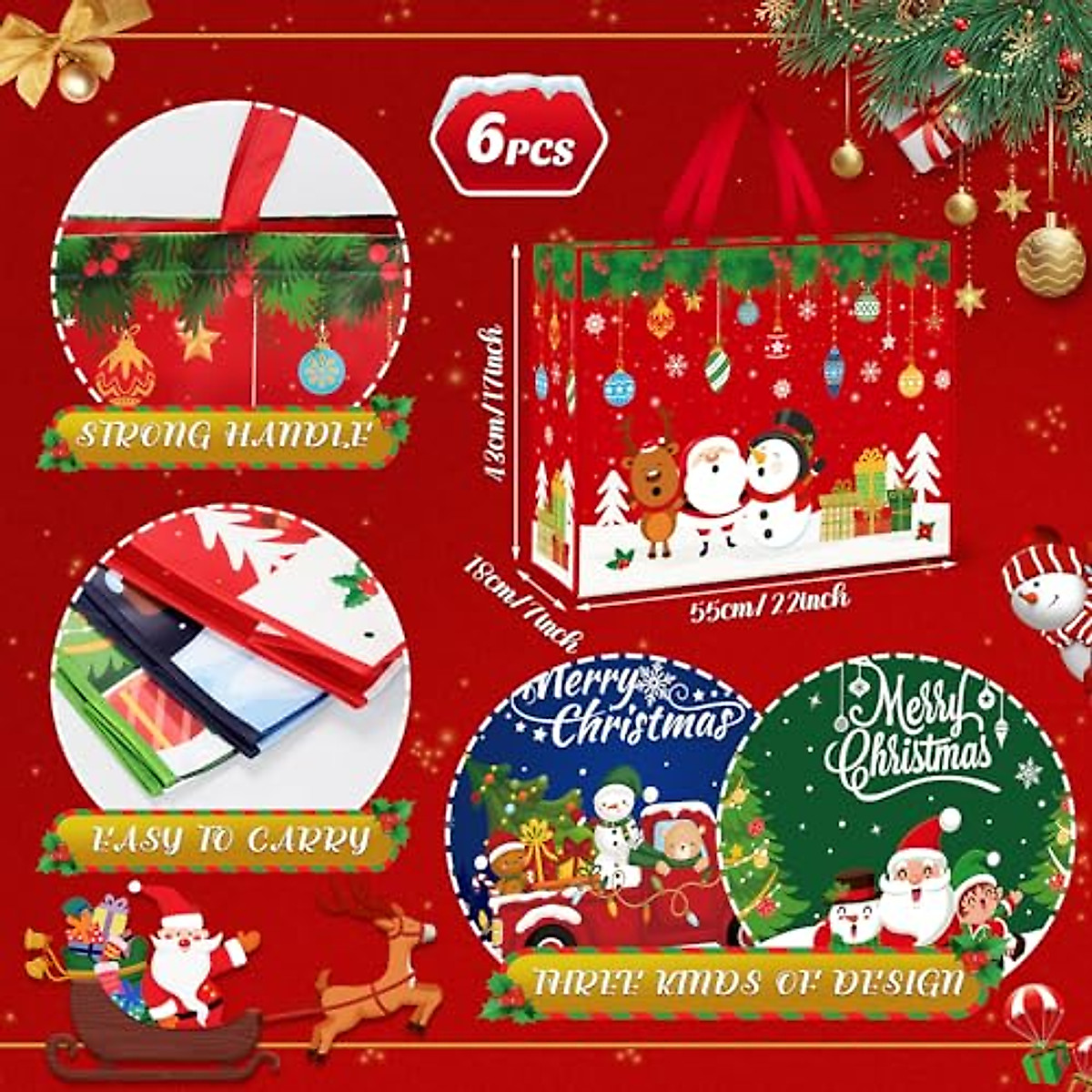 Aliceset 6 Pcs Extra Large Christmas Gift Bags 22 x 17 Inch Reusable Non Woven Jumbo Tote with Handle for Xmas Gift Wrapping(Cute)