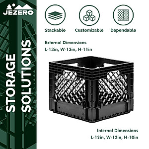 JEZERO Milk Crate for Household Storage: The Ultimate Storage Tote for Groceries, Garages, Kayaking & Outdoor, Stackable Storage | BLACK, Plastic, 13" x 13" x 11” (MC16-S2)