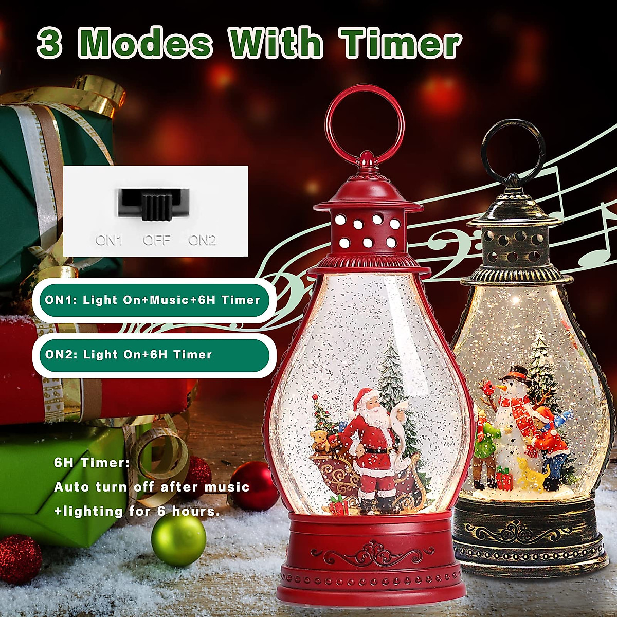 XPHOME Lighted Christmas Snow Globe Lantern Snowglobe Musical Battery Operated with Santa Claus Tree Glittering Swirling USB 6H Timer Home Decoration Holidays Decor and Gift