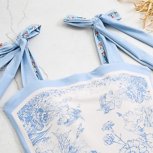 Women Floral One Piece Swimsuits, Reversible Tie Shoulder Monokini, Tummy Control Bathing Suits, Square Neck Swimwear (Medium) Blue