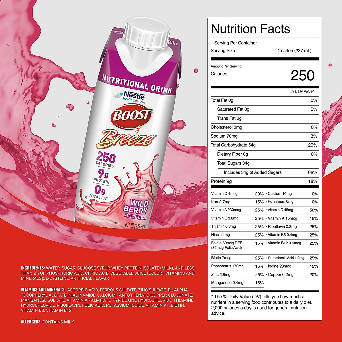 BOOST Breeze Clear Nutritional Drink - 250 Calories - 19 Vitamins & Minerals - 9 g Protein – Fortified Clear Nutritional Drink with Vitamin A & Zinc - Wild Berry Flavor - 8 fl oz (Pack of 24)