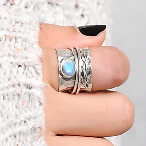 Boho-Magic 925 Sterling Silver Leaf Spinner Fidget Ring for Women with Moonstone Gemstone (9)
