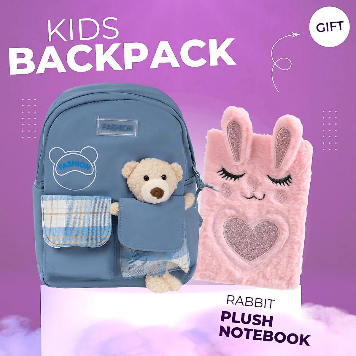 Toddler Backpack Set with Stuffed Bear and Rabbit Plush Notebook (Color May Vary) - Kids' Adventure and Memories Pack Ages 6-10 (Blue)