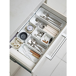 6 Pcs Stackable Drawer Organizer Set Desk Drawer Dividers, Bathroom Vanity Cosmetic Makeup Trays , Multipurpose Plastic Storage Bins for Jewelries, Kitchen Gadgets and Office Accessories, White