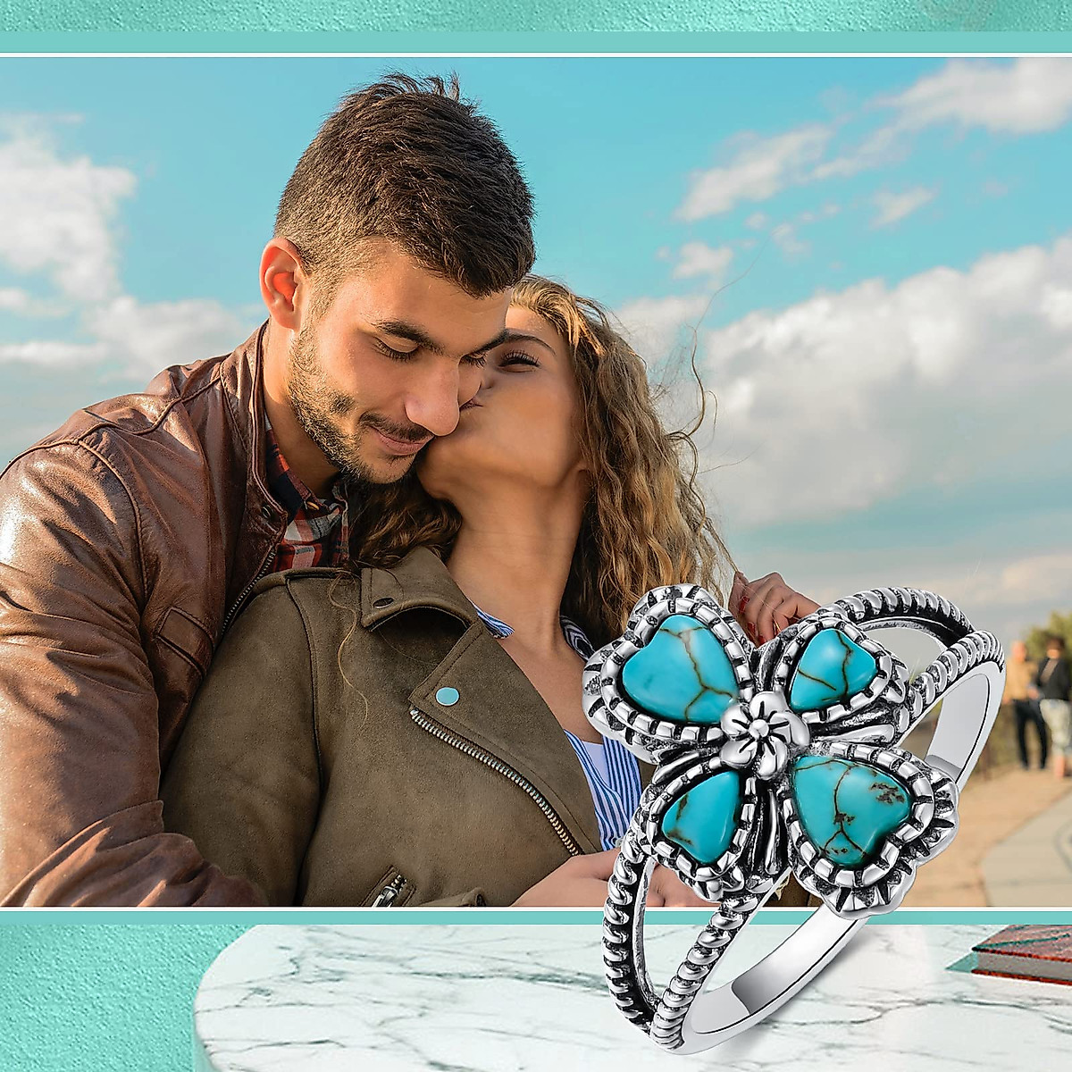 BETHZA Turquoise Cross Ring Sterling Silver Natural Turquoise Flower Ring Navajo Tribes Style Ring for Women