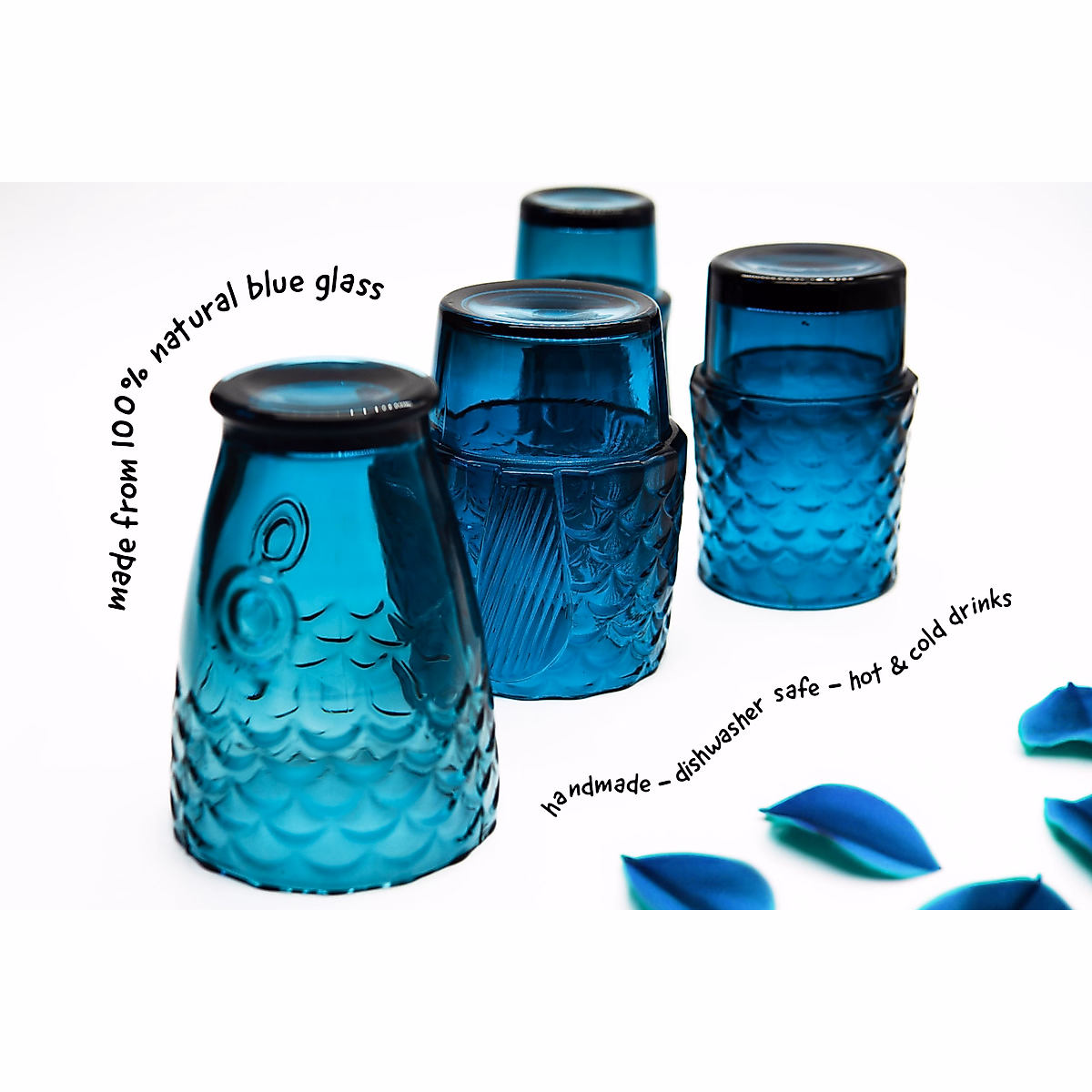 Gökotta Set of 4 | Handmade Stacking Koi Carp Fish Drinking Glasses | Natural Blue Glass Tumblers | Retro Fun Quirky Gift Present | Dinner Party Cocktail Water Juice Coffee Mugs Cups | 4PCS 250ml