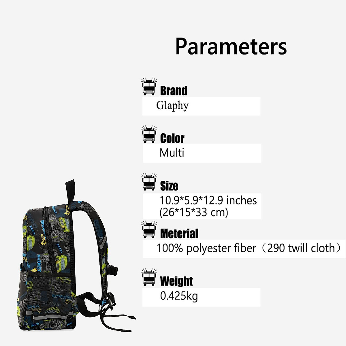 Glaphy Monster Truck Kids Toddler Backpack for Boys Girls, Children Bag Preschool Bookbag with Chest Strap for Daycare Kindergarten Travel