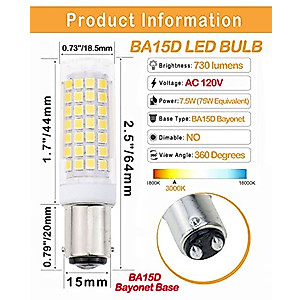 Lamsky Ba15d led Light Bulb 7.5W,B15 Double Contact Bayonet Base,120V Warm White 3000K,75W 80W JD Type T3/T4 Halogen Bulb Replacement Bulb,Not Dimmable(2-Pack)