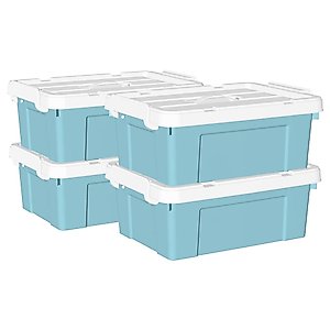 Cetomo Lidded Storage Bin with Handle, Tote Organizing Container with Durable Lid and Secure Latching Buckles, Stackable and Nestable, Plastic, 16 Quart-4 Pack, Blue