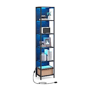 VASAGLE 6-Tier LED Bookshelf, Display Shelf with Dimmable Lights, LED Bookcase with Steel Frame, 11.9 x 15.7 x 70.3 Inches, for Living Room, Bedroom, Office, Black with Wood Grain ULLS121B56