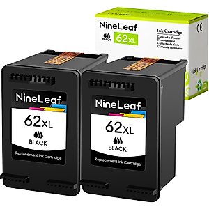 NineLeaf Remanufactured Ink Cartridge Replacement for HP 62XL 62 XL use in Envy 5540 5640 5660 7644 7645 OfficeJet 5740 8040 OfficeJet 200 250 Series Inkjet Printer（2 Pack Black