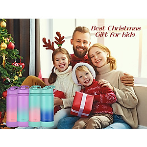 Mininoo Kids Water Bottle for School, 16oz Stainless Steel Insulated Water Bottle Kids with Straw Lid for Girls, Boys (Purple/Pink)