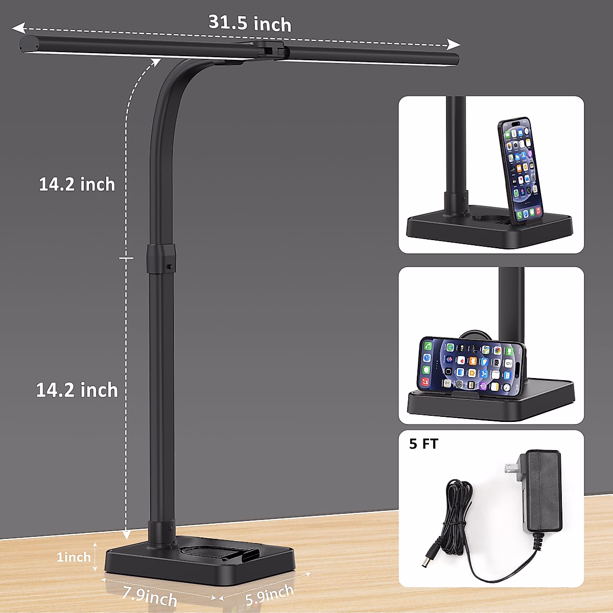 GAEFURY LED Desk Lamp for Home Office, 24W Bright Desk Lamp with Phone Holder Base - 25 Lighting Modes Eye-Caring Desk Light Adjustable Gooseneck Lamp for Workbench Drafting Reading Study