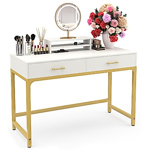 WESTREE Women Makeup Vanity Desk with 2 Drawers - Bedroom Home Office Desk, Wooden Height Monitor Stand & Storage Shelf Without Mirror, White Table Great Gift for Her