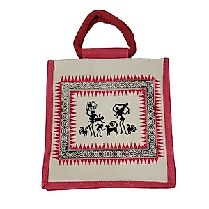 FestiveVibe- Burlap bags with handles| Jute Bag with Warli print | Jute Bag | Jute Lunch Bag | Printed Jute Bags|Return Red Yellow Orange Green Blue