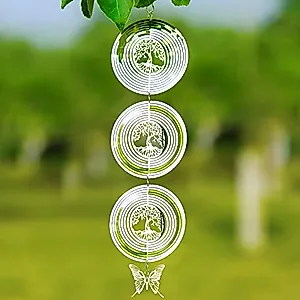 Wind Spinners,18in 3D Stainless Steel Hanging Outdoor Wind Spinner with Butterfly Pendant and 2 Pcs 360° Rotating Hook, Lawn Art Decor for Outside Yard and Garden (1 Pack)