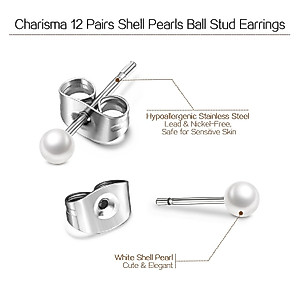 Charisma 4mm Composite Pearl Earrings Round Ball Pearls Stud Earrings Hypoallergenic 12 Pairs Imitation Pearl Earrings Set for Women