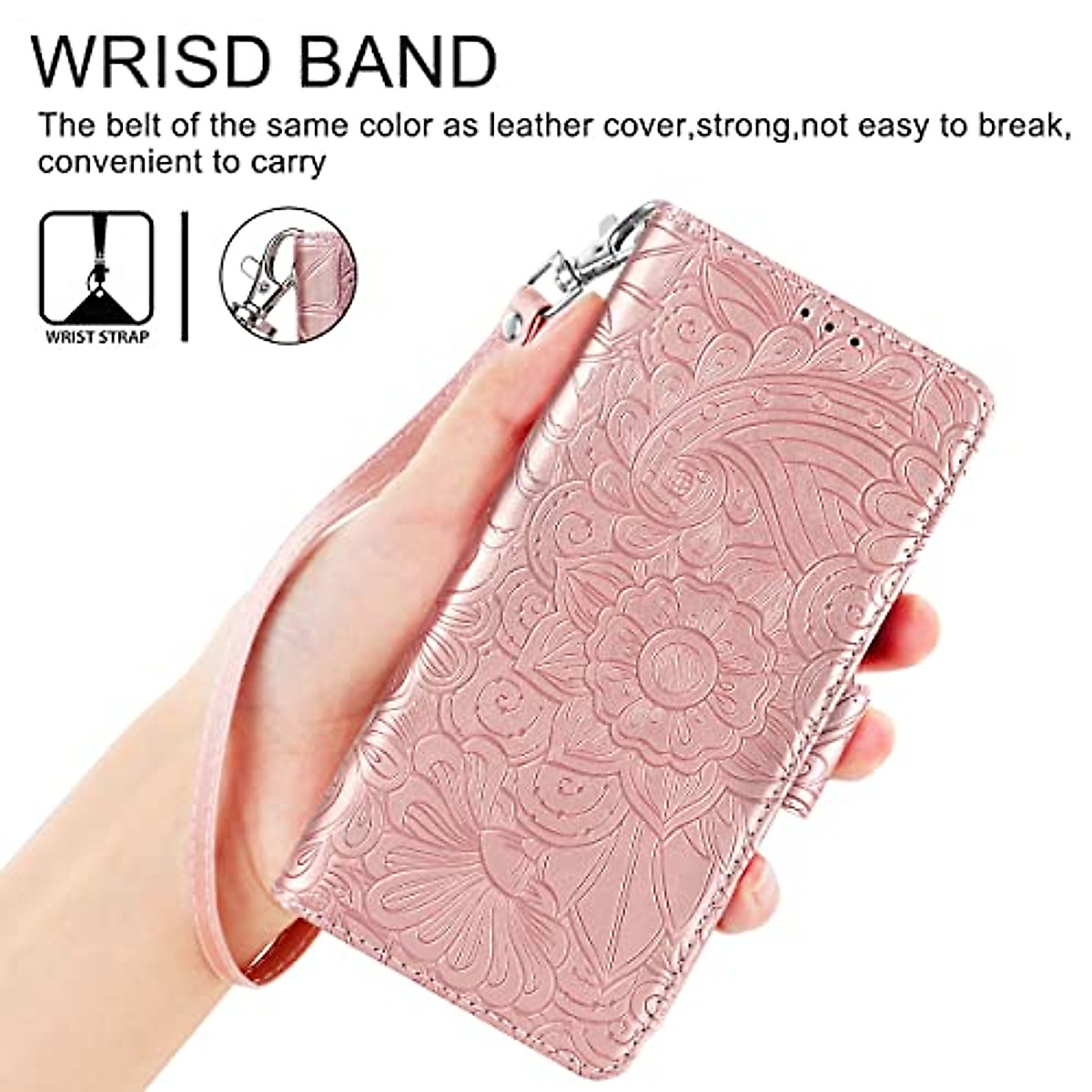 Bizzib for Samaung Galaxy A14 5G Case Wallet,Embossed Mandala Floral Leather Folio Flip Wristlet Shockproof Protective ID Credit Card Slot Holder Cover for Girl Compatible with Galaxy A14 5G-Rose Gold