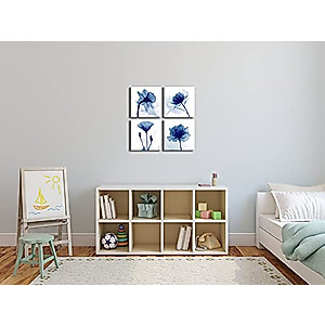 Pyradecor Blue Flickering Flower Modern Abstract Paintings Canvas Wall Art Gallery Wrapped Grace Floral Pictures on Canvas Prints 4 Panels Artwork for Living Room Bedroom Office Home Decorations